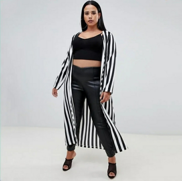 Jackets & Coats | Stunning Black White Striped Duster With Red Floral ...